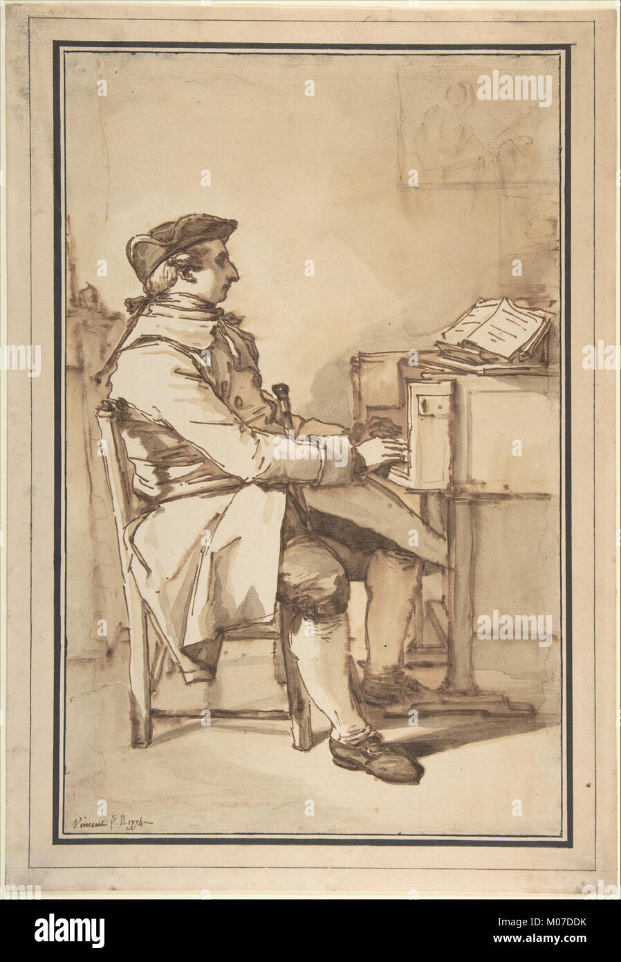 Cette peinture représente un homme assis devant un instrument à clavier ...