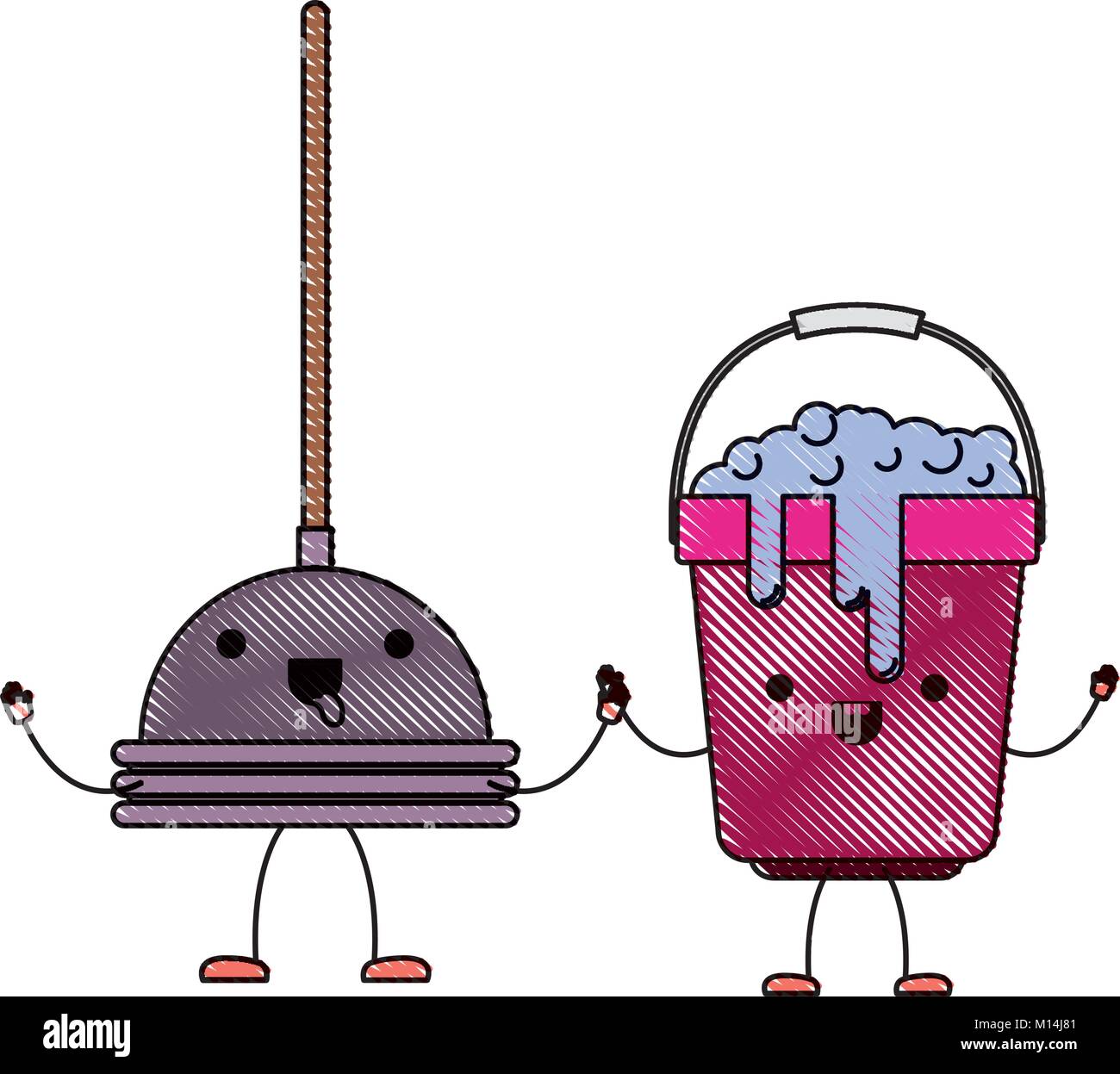 Kawaii cartoon toilettes pompe et seau avec de l'eau savonneuse holding ...