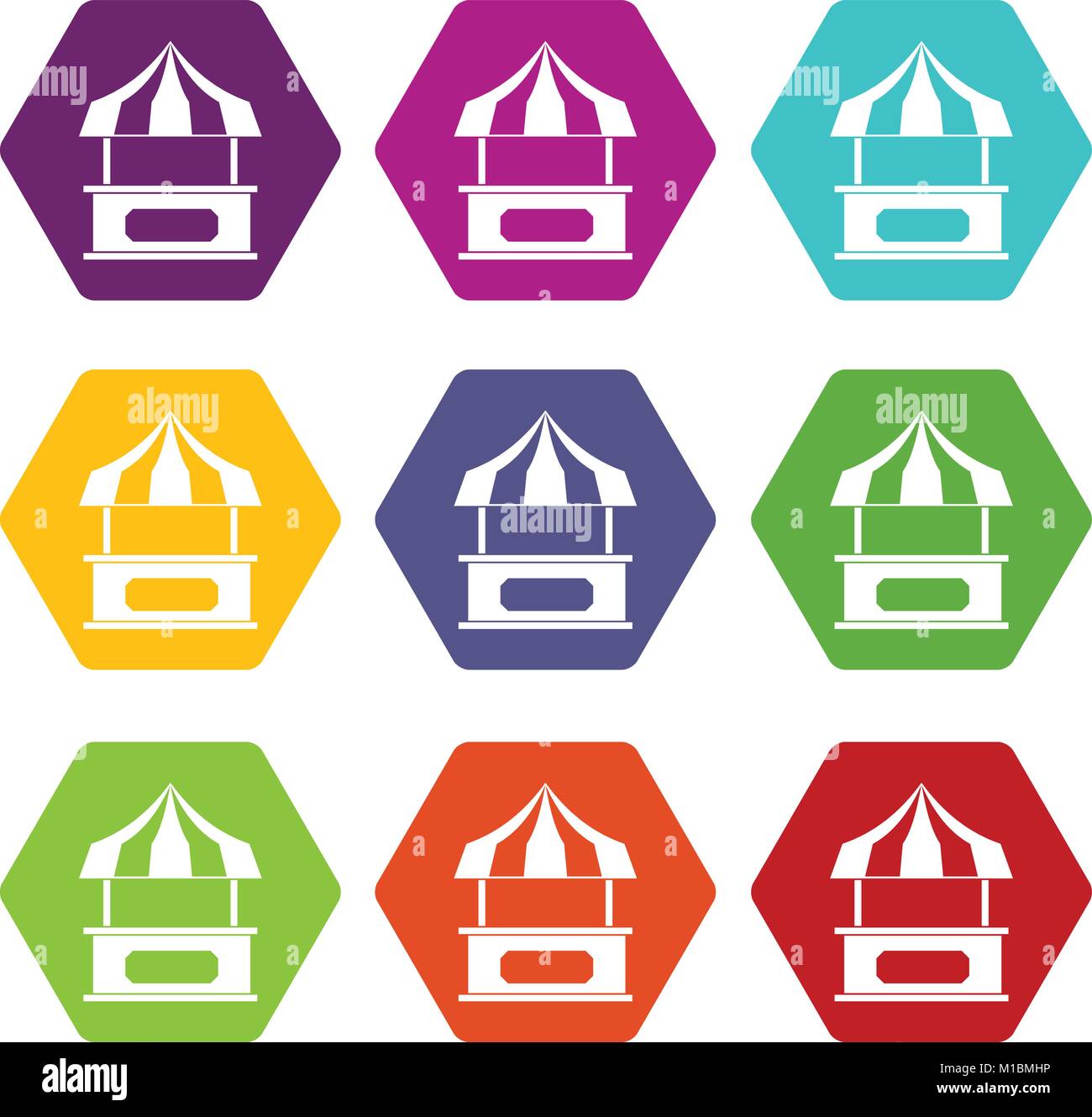 Store kiosque avec auvent à rayures de l'hexaèdre couleur icon set ...
