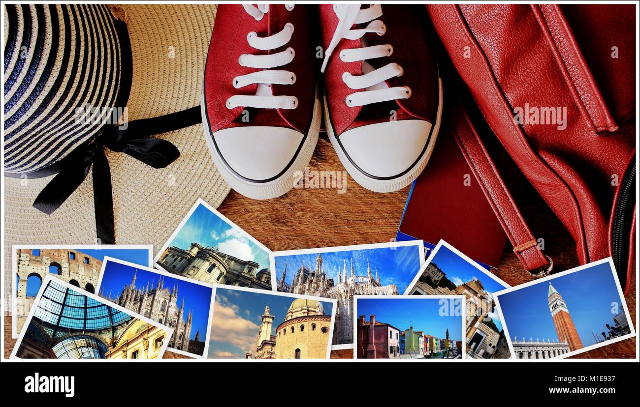 Collage de landmarks, série de photos de voyage. Valise et trucs ...