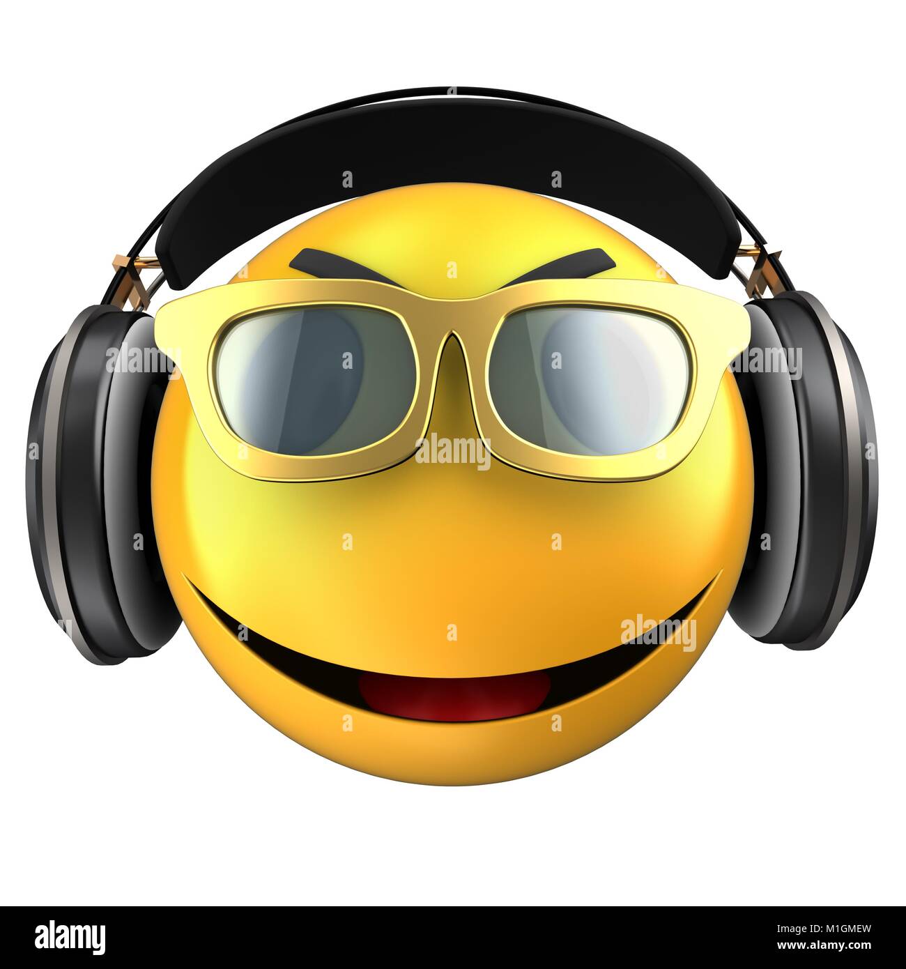 3d illustration d'émoticône jaune sourire avec un casque noir sur fond ...