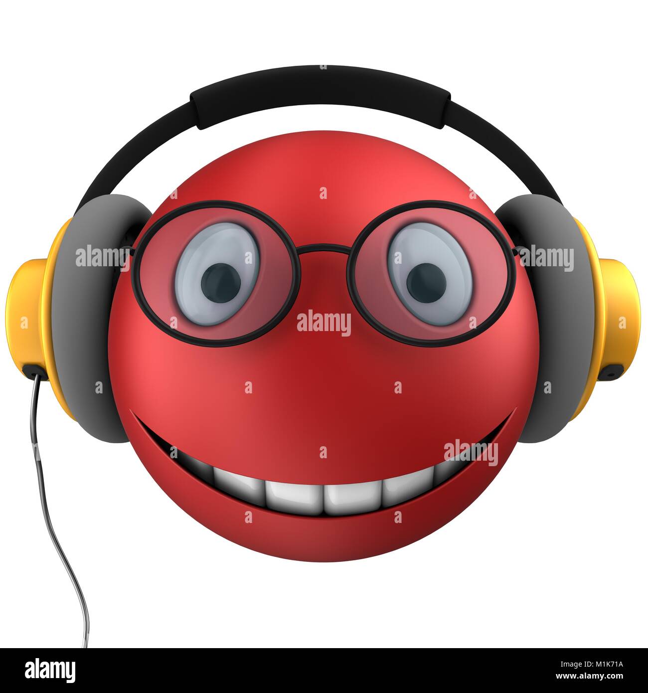 3d illustration d'émoticône rouge sourire avec un casque jaune sur fond ...