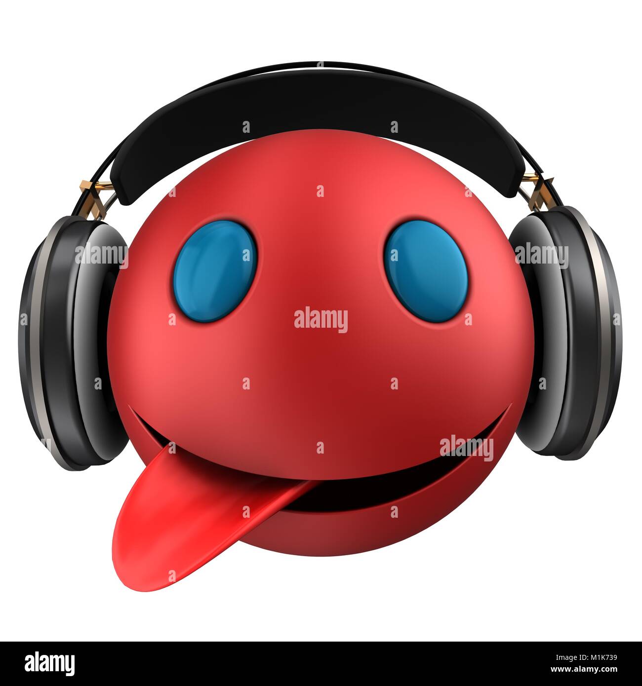 3d illustration d'émoticône rouge sourire avec un casque noir sur fond ...
