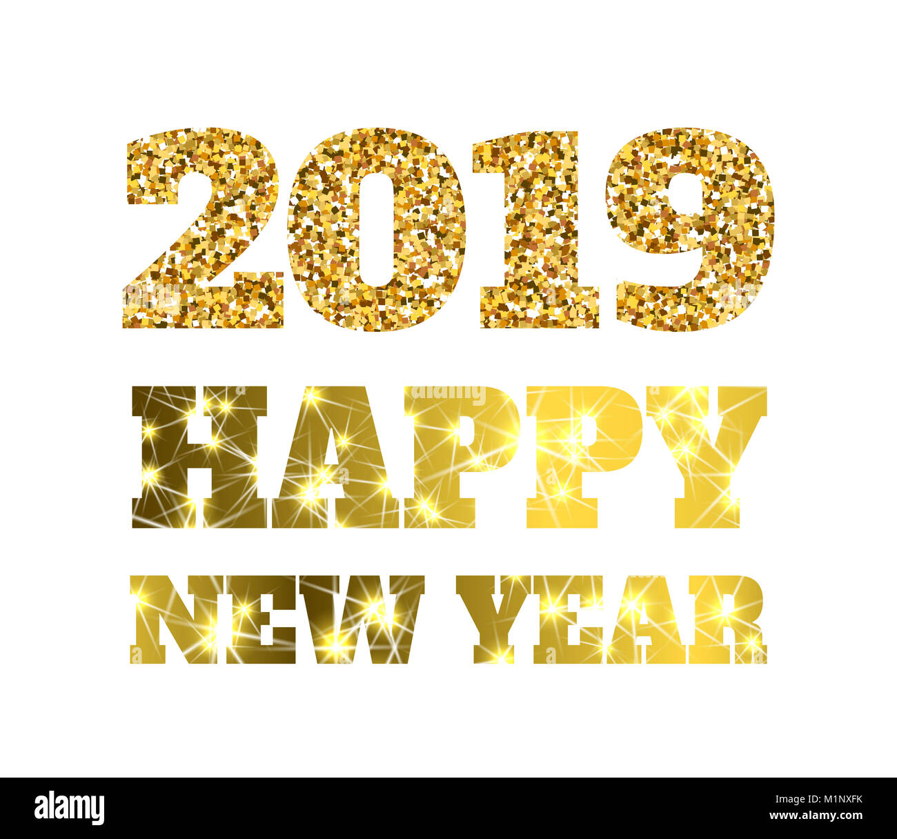 Bonne et heureuse année 2019. Gold glitter sparkles et particules ...