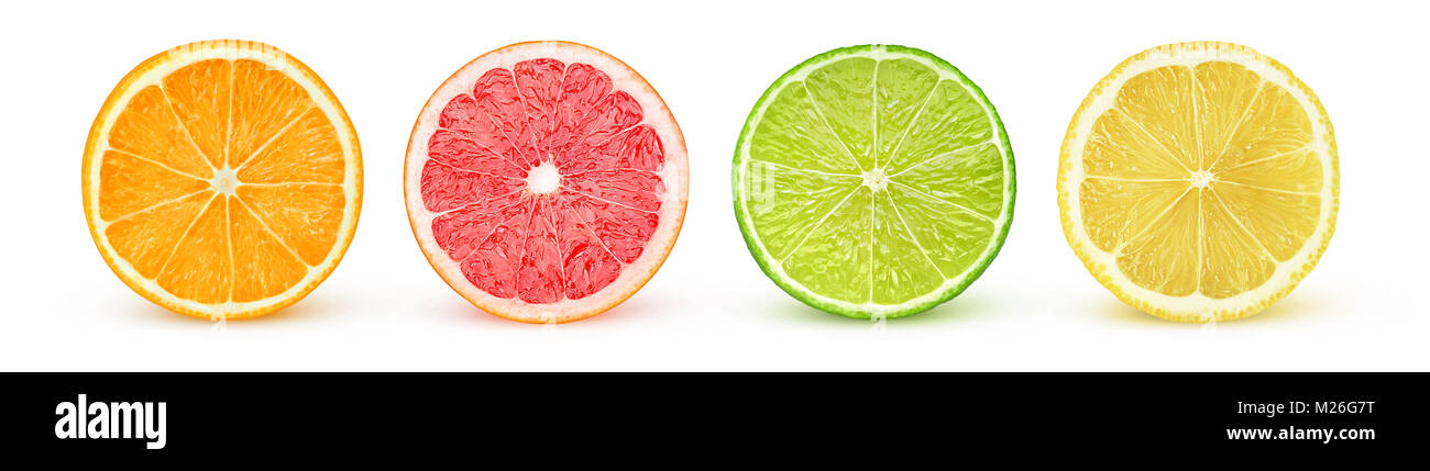 Rondelles d'agrumes isolés. Les fruits coupés en deux (orange ...