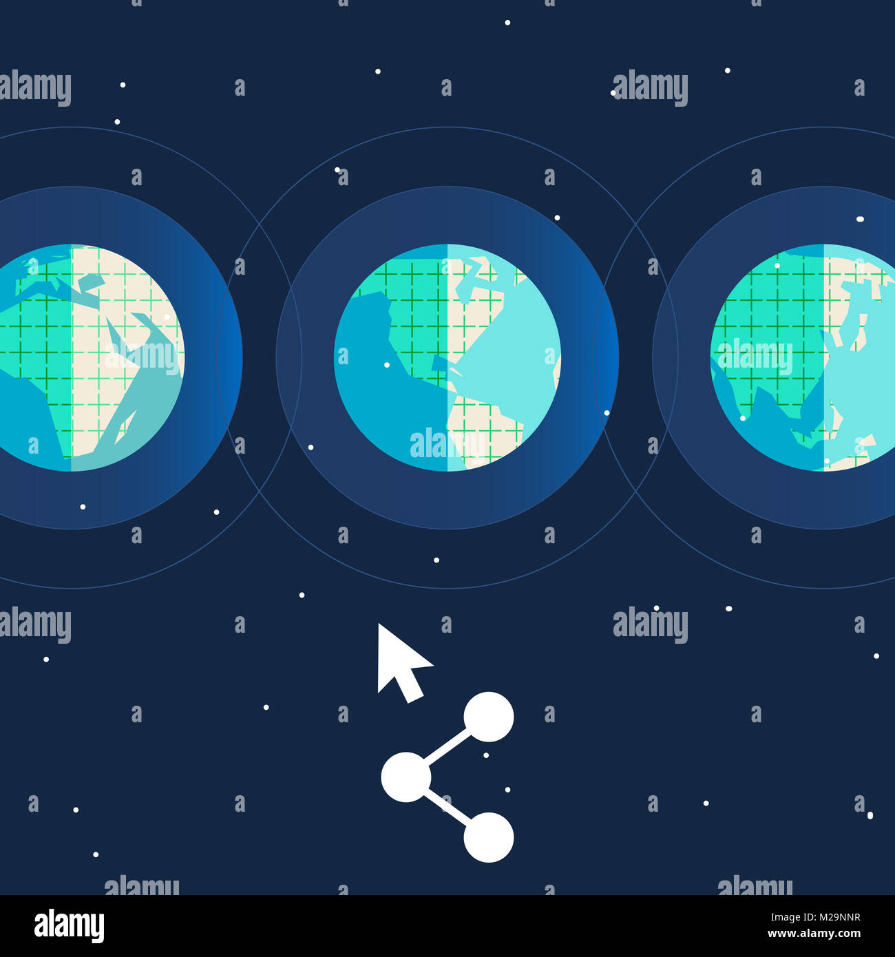 Concept de réseau social global. World globe map, symbole de partage ...