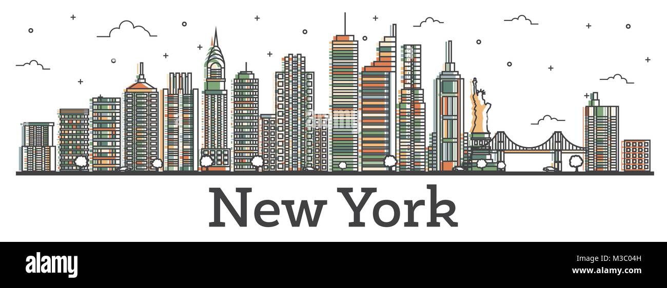 Contours, New York USA City Skyline avec bâtiments couleur isolé sur ...