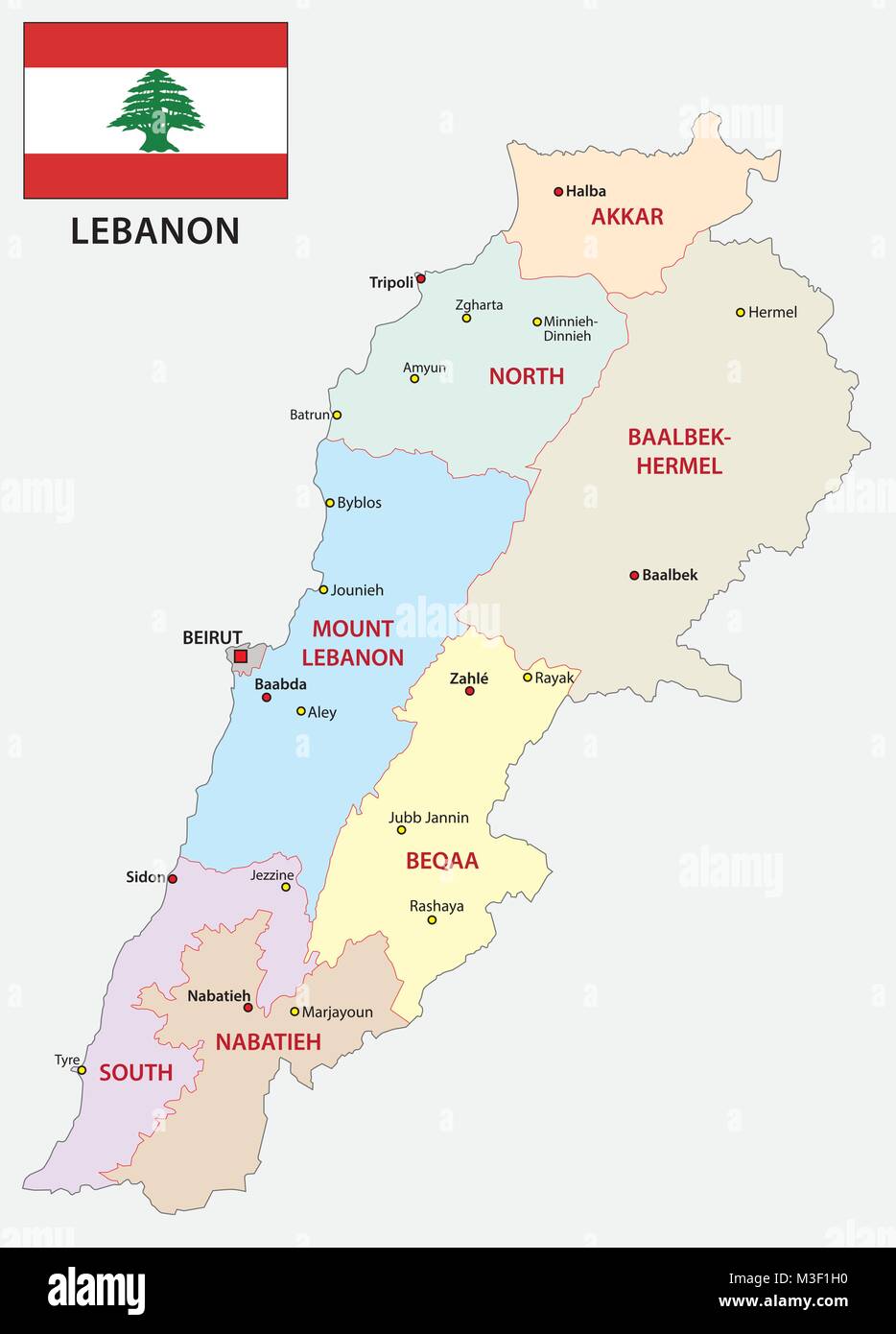 Administratif et politique du Liban carte vectorielle avec drapeau ...