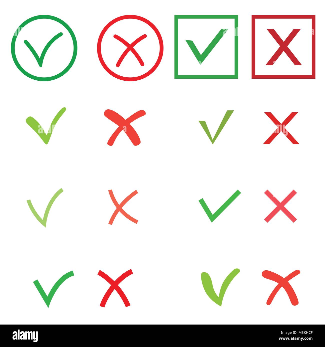 Tique et les signes. OK coche verte et rouge X icônes, isolé sur fond ...