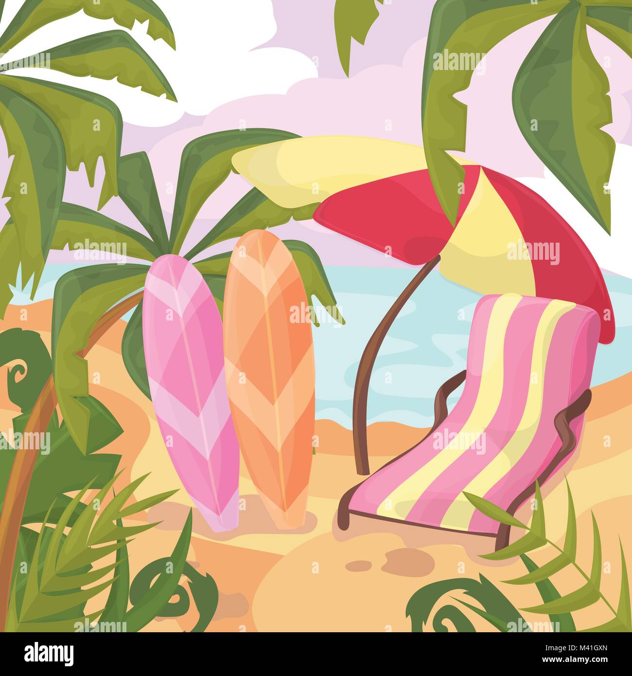 L'été sur la plage. Palmiers et plantes autour.Cartoon vector ...