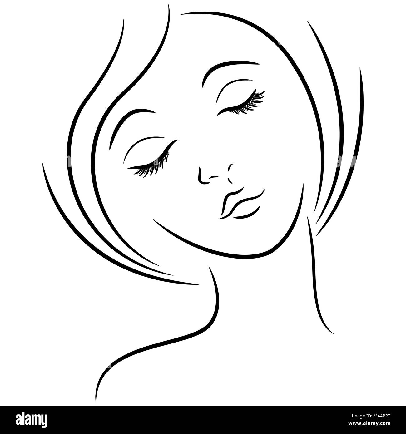 Abstract visage de femme aux yeux clos, dessin à la main contour ...