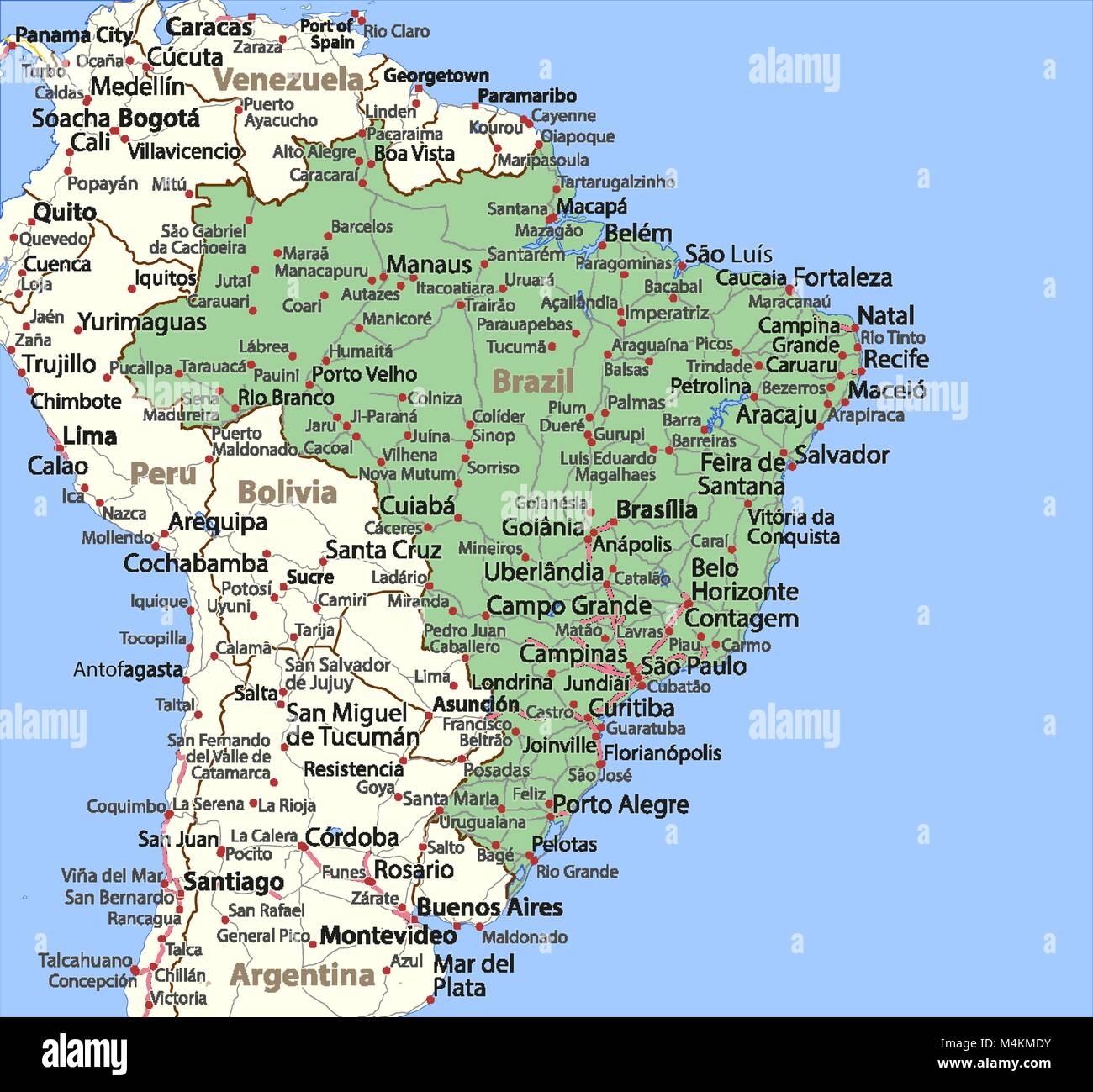 Carte du Brésil. Montre frontières du pays, les zones urbaines, les ...