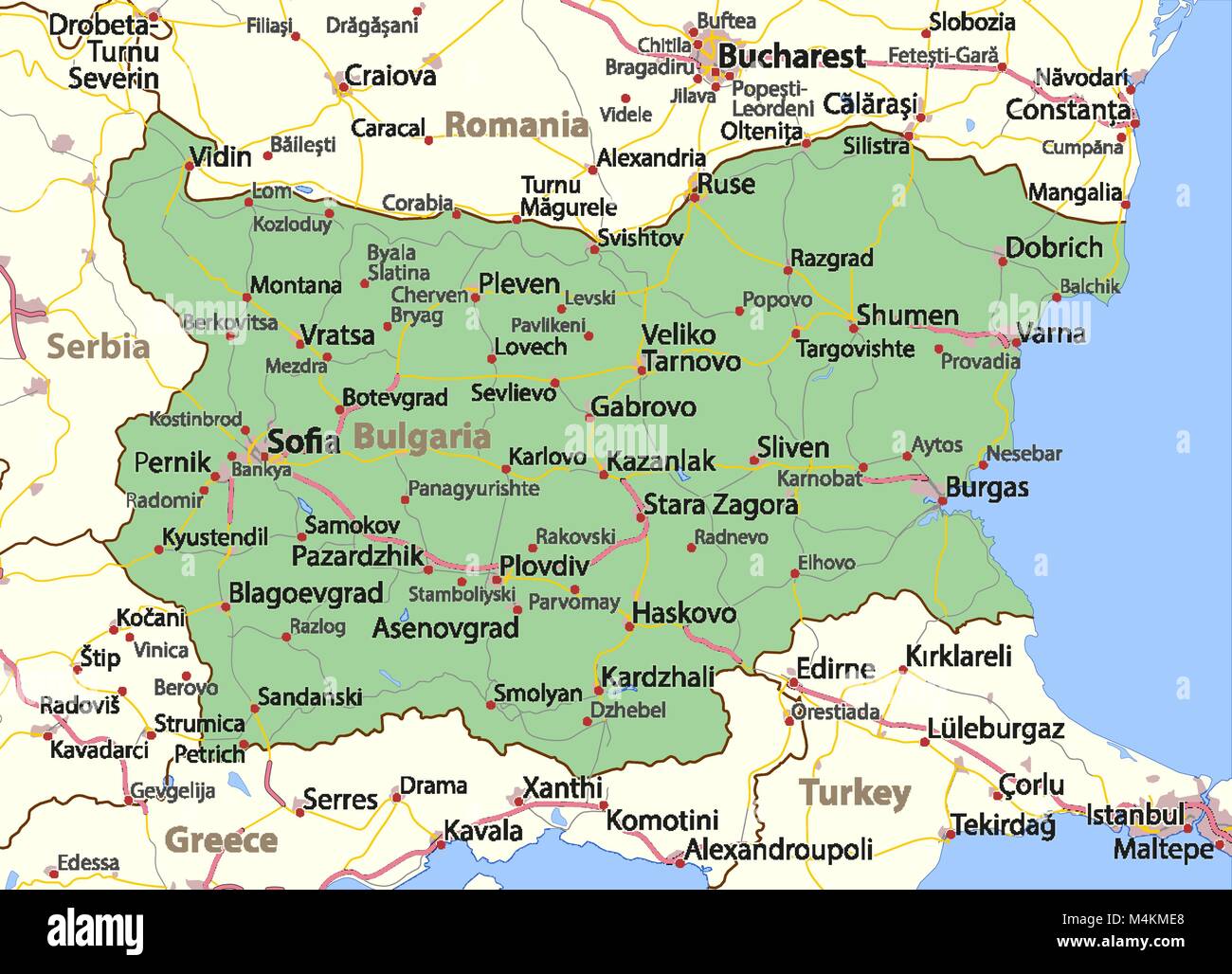 Carte de la Bulgarie. Montre frontières du pays, les zones urbaines ...