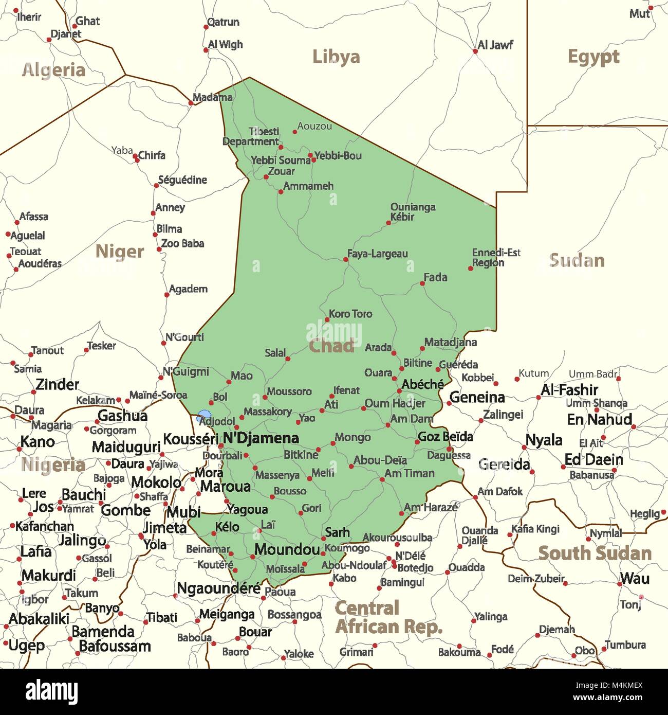 Carte de Tchad. Montre frontières du pays, les zones urbaines, les noms ...