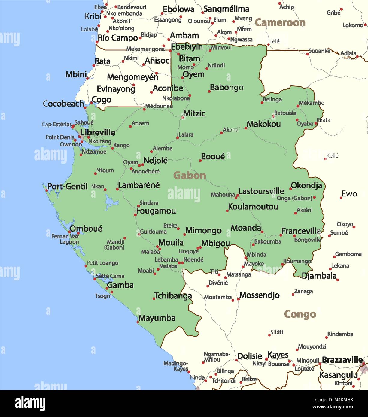 Carte de Gabon. Montre frontières du pays, les zones urbaines, les noms ...