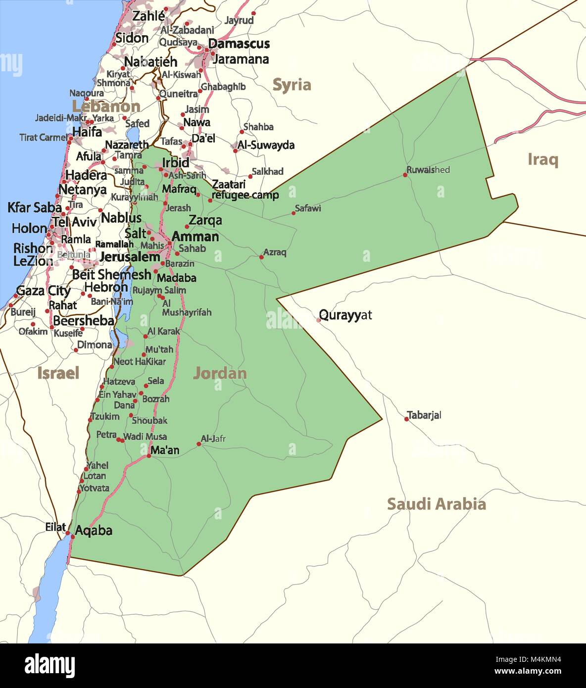 Carte de la Jordanie. Montre frontières du pays, les zones urbaines ...