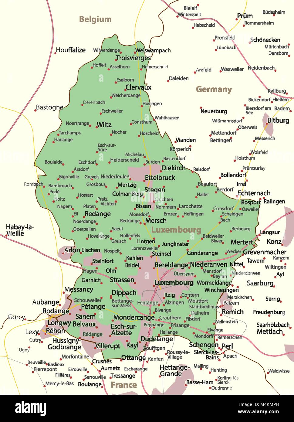 Plan de Luxembourg. Montre frontières du pays, les zones urbaines, les ...