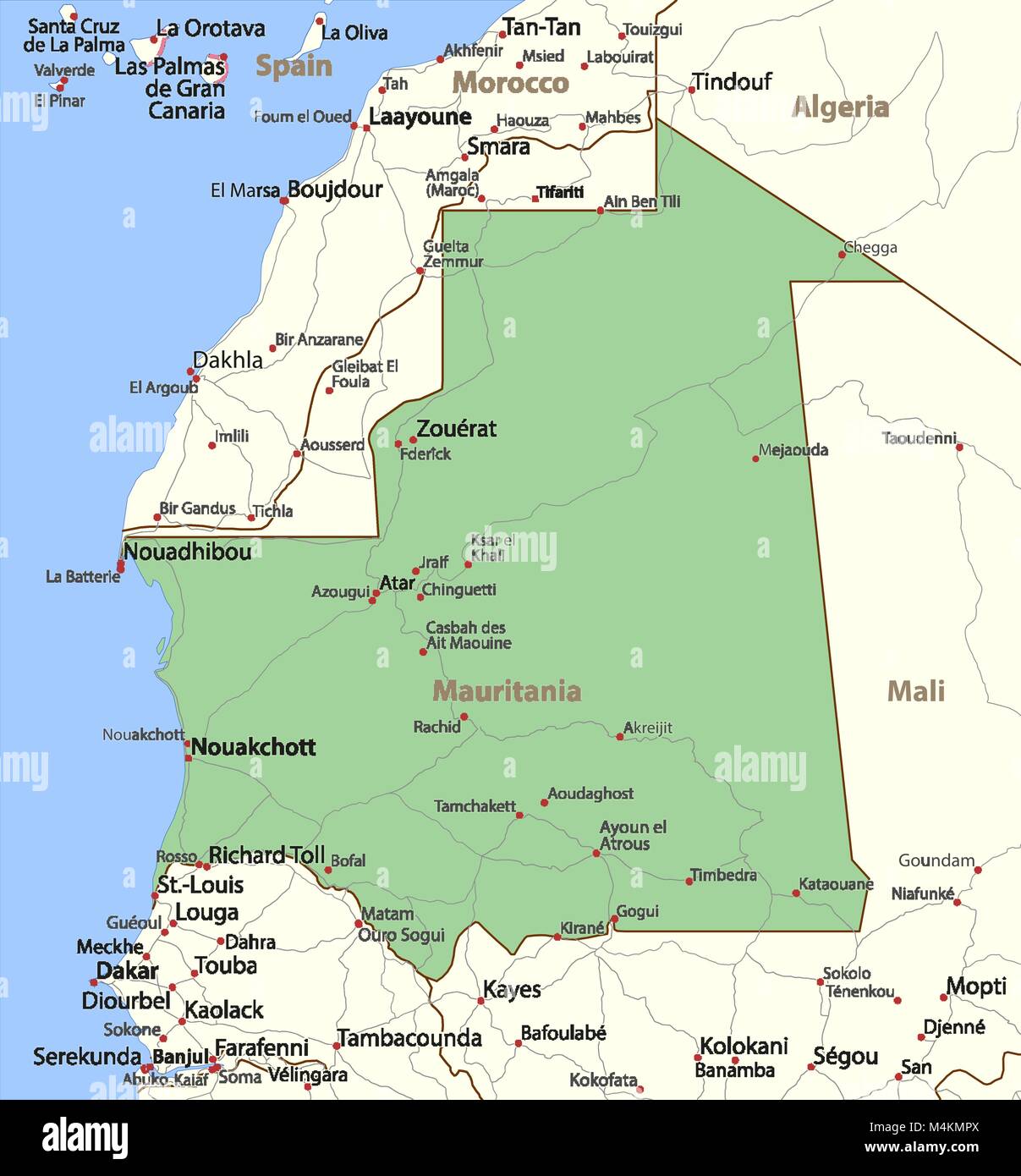 Carte de la Mauritanie. Montre frontières du pays, les noms de lieux et ...