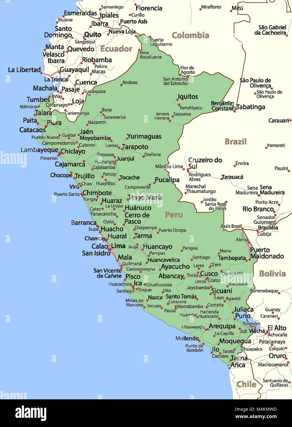 Carte du Pérou. Montre frontières du pays, les zones urbaines, les noms ...