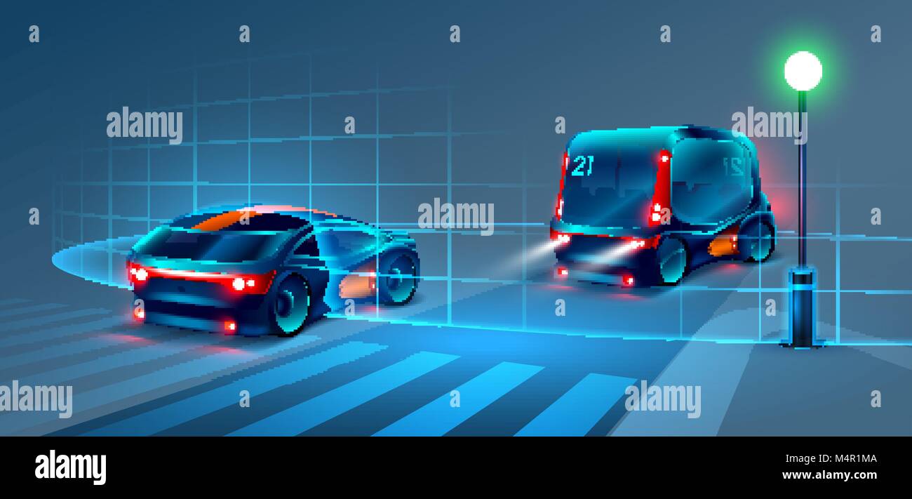 Bus et voiture intelligente autonome à travers la ville de nuit. Bus ...
