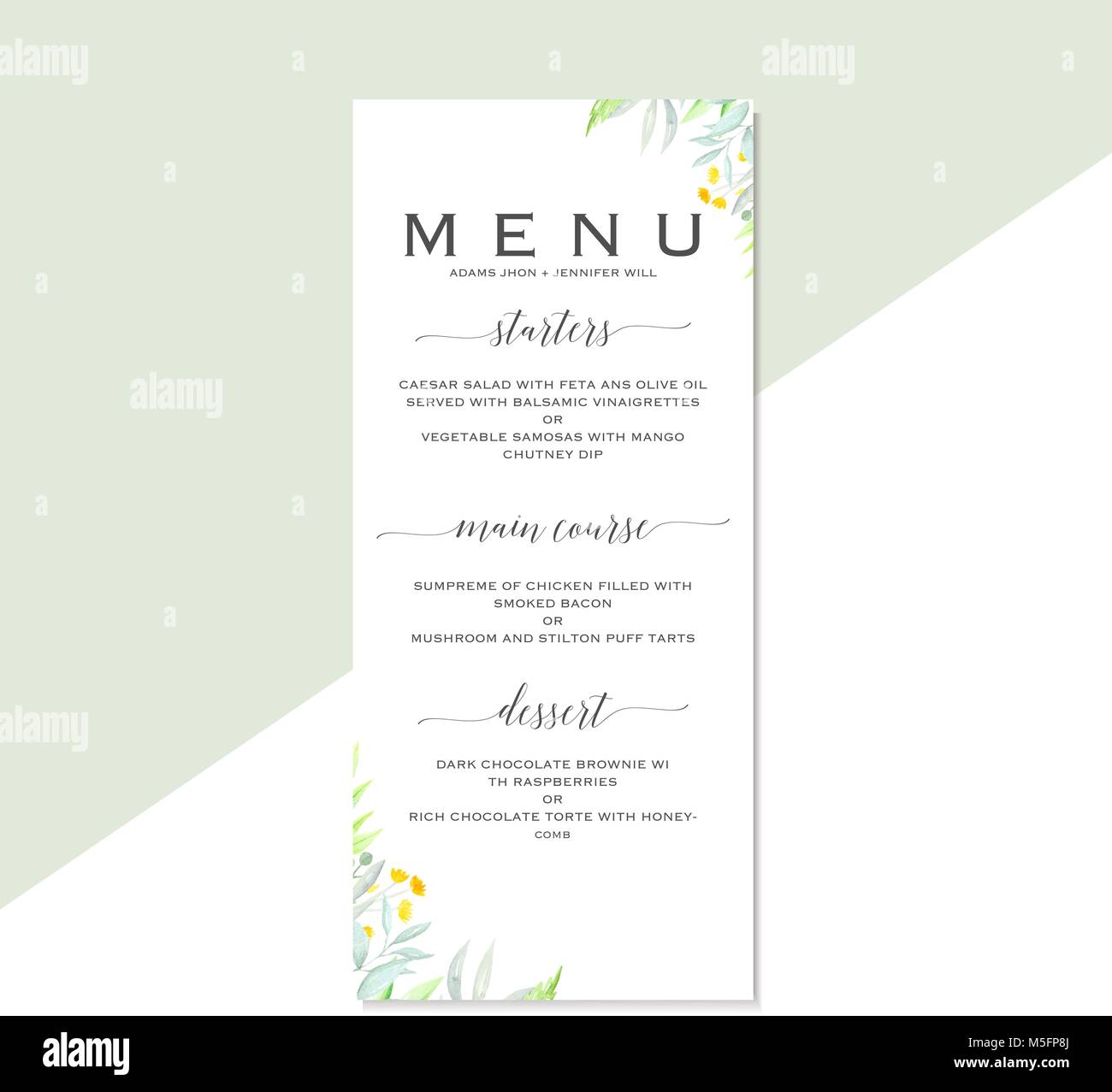 Menu mariage modèle avec aquarelle dessiné à la main fleurs, feuilles ...