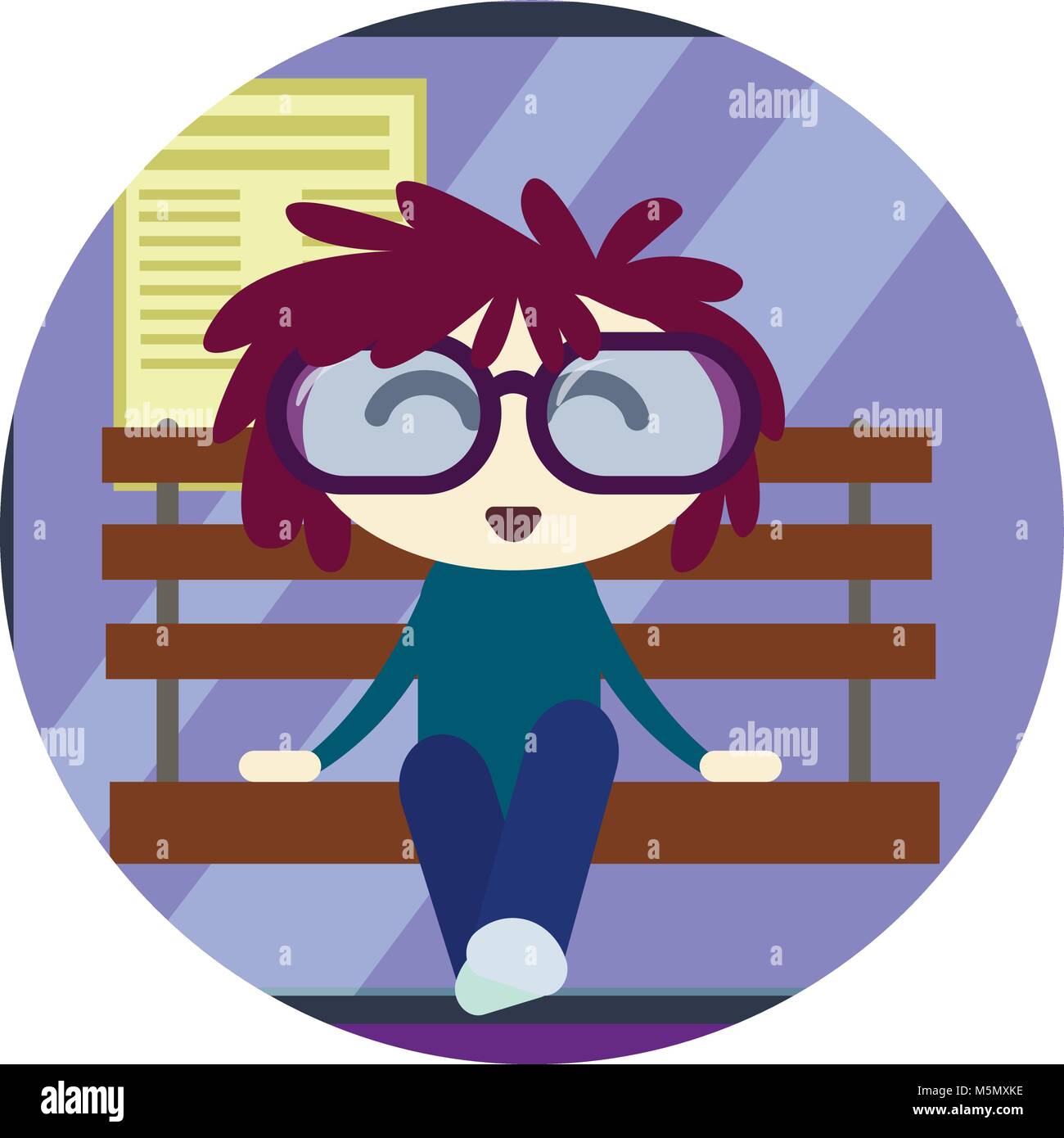 Drôle de personnage. Cool Garçon à lunettes assis sur un banc et En ...