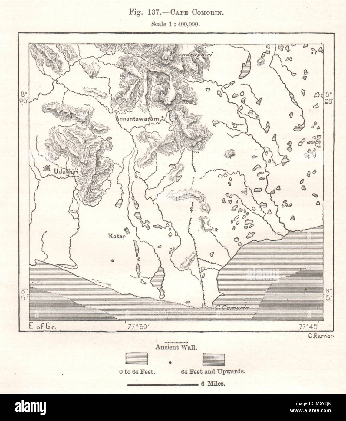 Kanyakumari. Le cap Comorin en Inde. Croquis 1885 ancienne carte plan ...