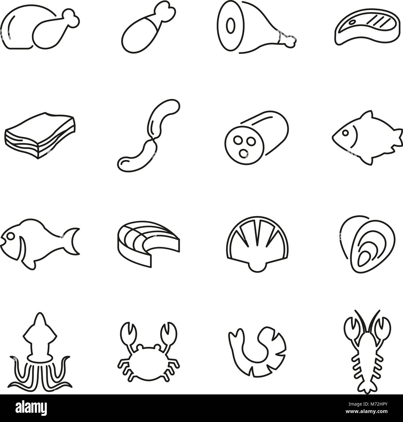 Viande et poisson icônes fine ligne Vector Illustration Set Image ...