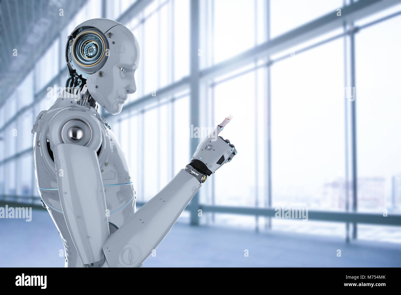 Robot humanoïde rendu 3D pointer du doigt avec l'arrière-plan de bureau ...