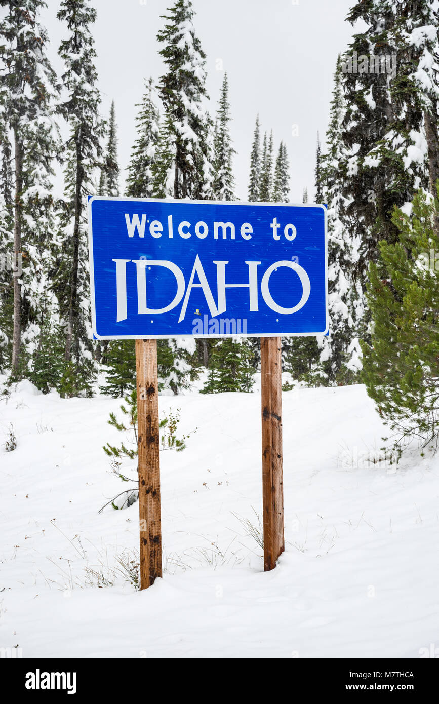 California welcome sign avec la neige qui tombe en hiver sur route au ...