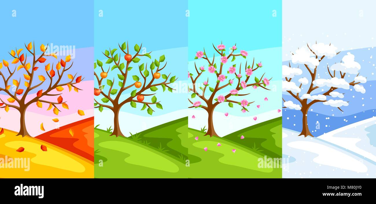 Quatre saisons. Illustration de l'arbre et le paysage en hiver ...