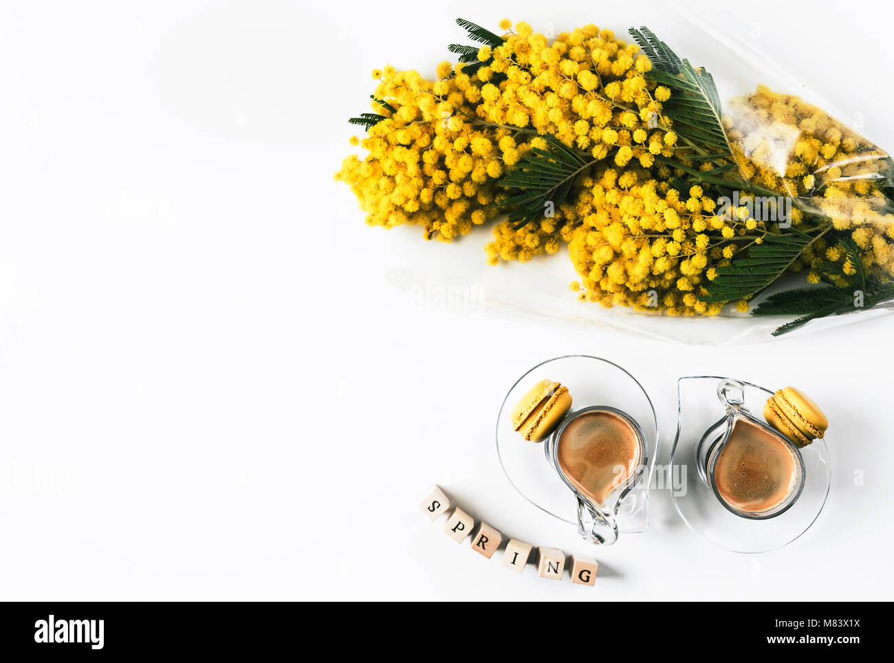 Bouquet de Mimosa jaune sur fond rose, le symbole du printemps et la ...