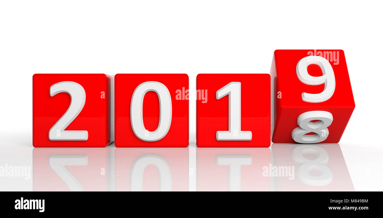 Nouvelle année 2019, des chiffres sur les cubes rouges isolé sur fond ...