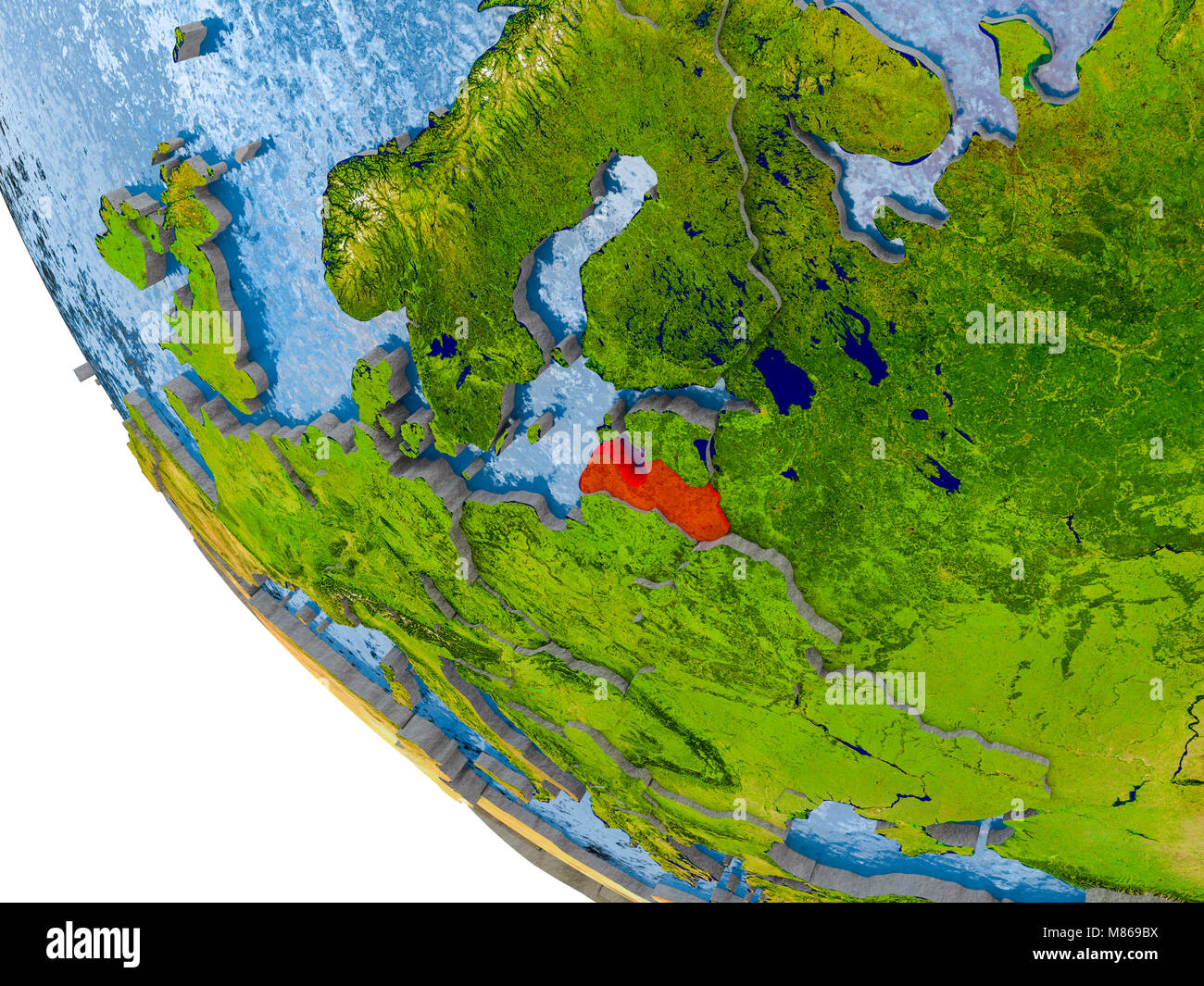 Carte de la Lettonie en rouge sur un globe avec du vrai surface de la ...