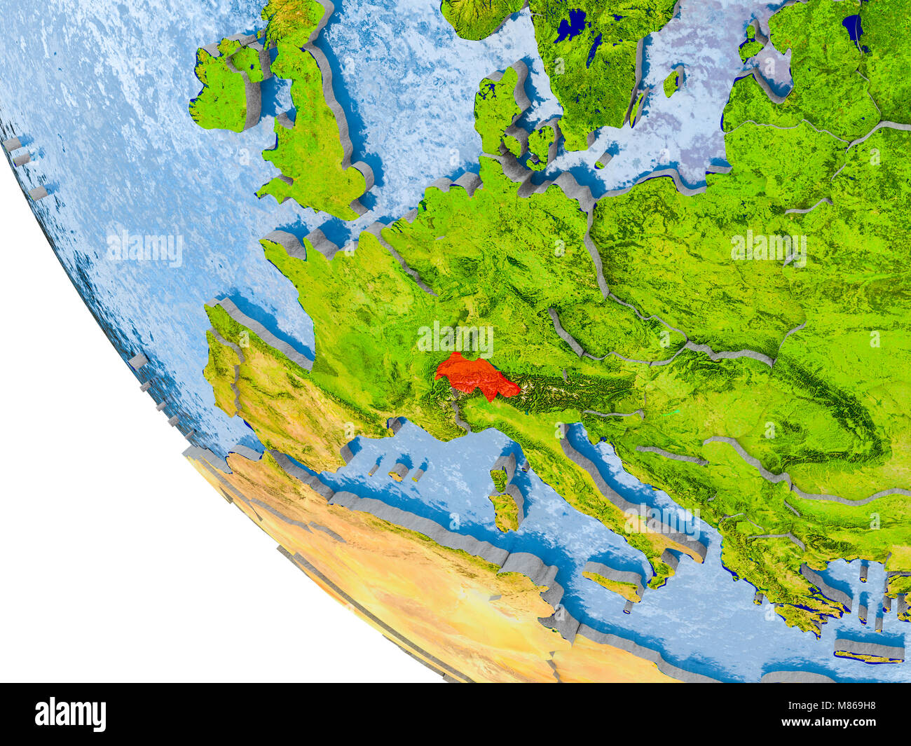 Carte de Suisse en rouge sur un globe avec du vrai surface de la ...