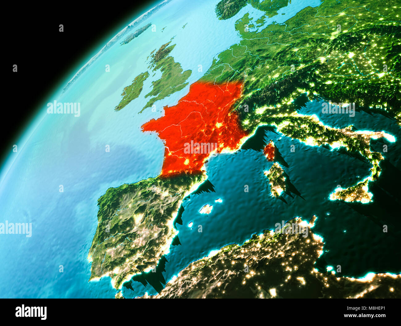 Soir sur la France vue de l'espace sur la planète Terre. 3D ...