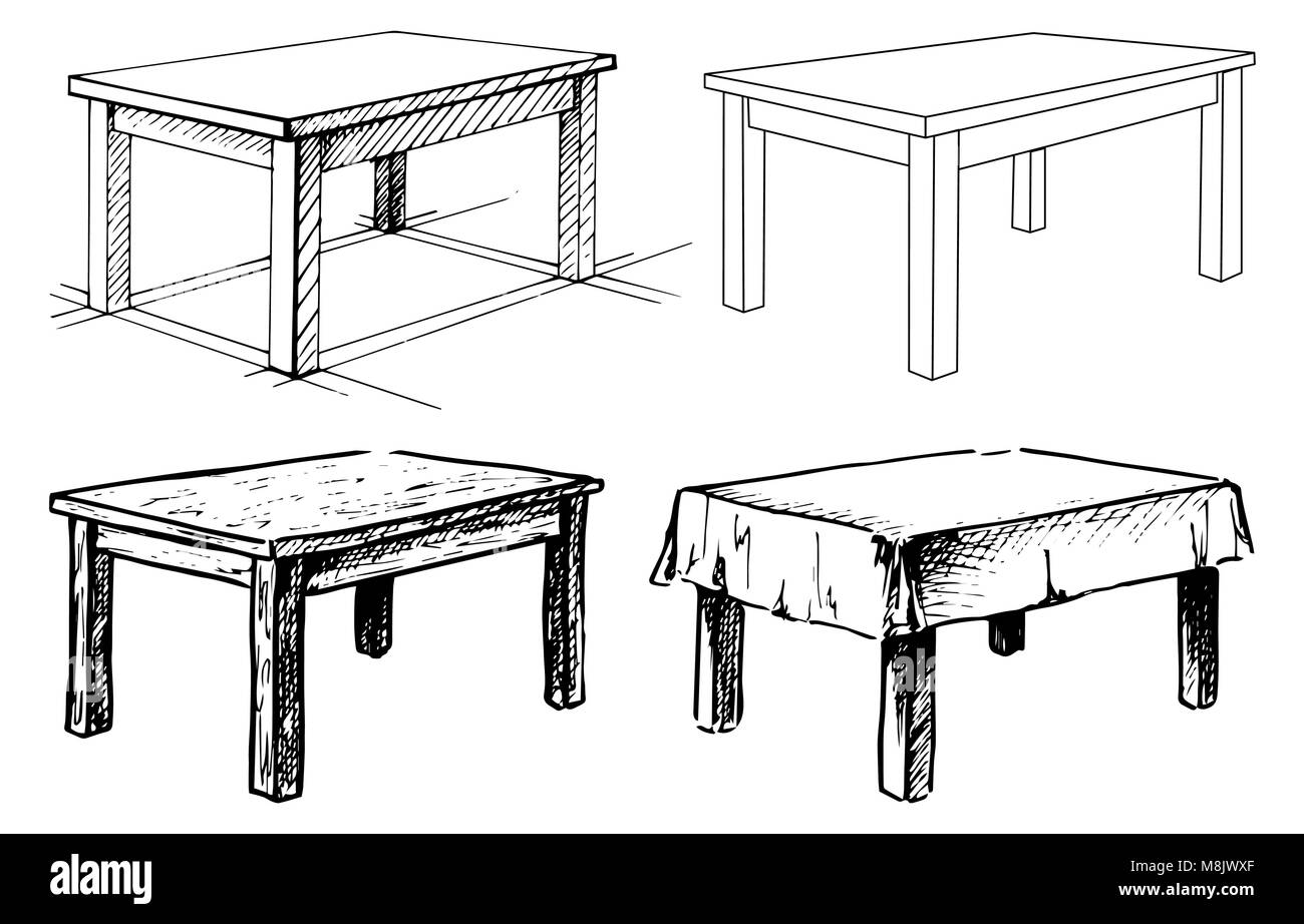 Jeu de croquis meubles isolés. Différentes tables. Tables noires ...