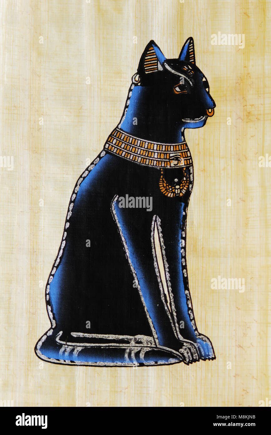 La déesse égyptienne Bastet est représenté sur un vrai papyrus égyptien ...