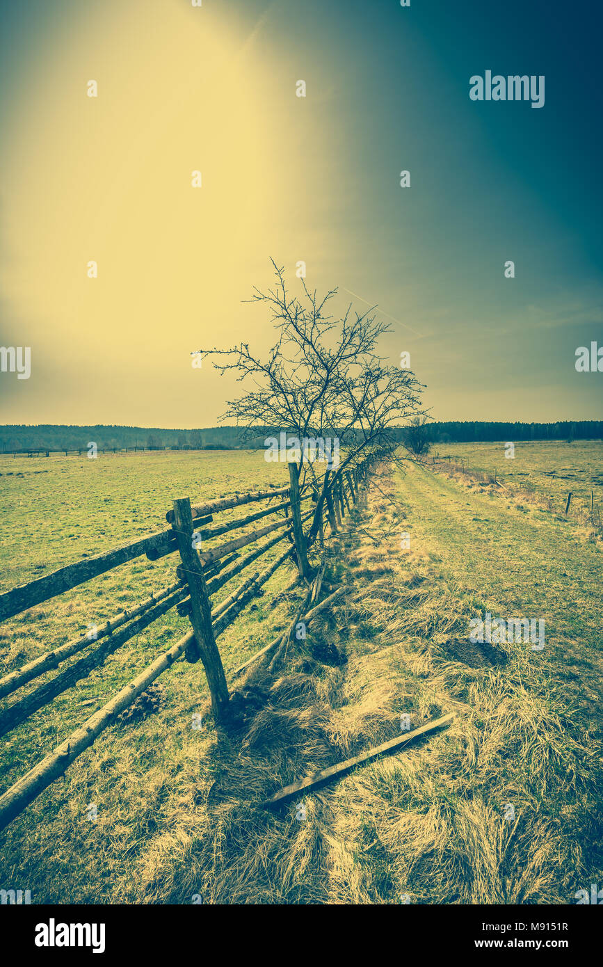 Domaine rural magnifique paysage, herbages pour le pâturage et barrière ...