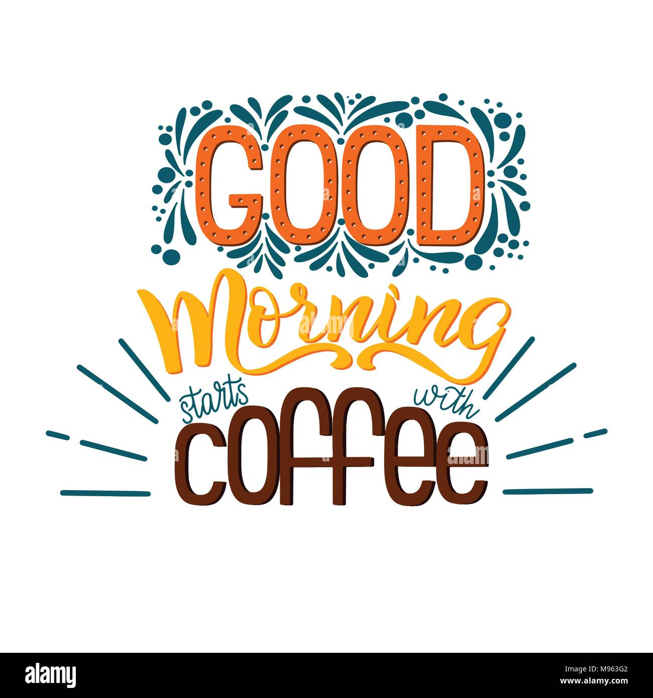 Bonjour lettrage commence avec le café. Hand drawn calligraphique signe ...