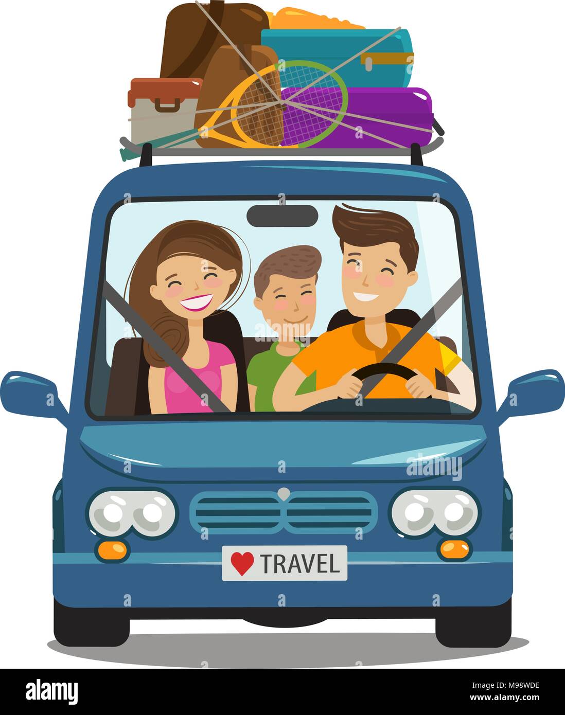 Voyage, voyage concept. Famille heureuse des tours en minibus. Cartoon ...