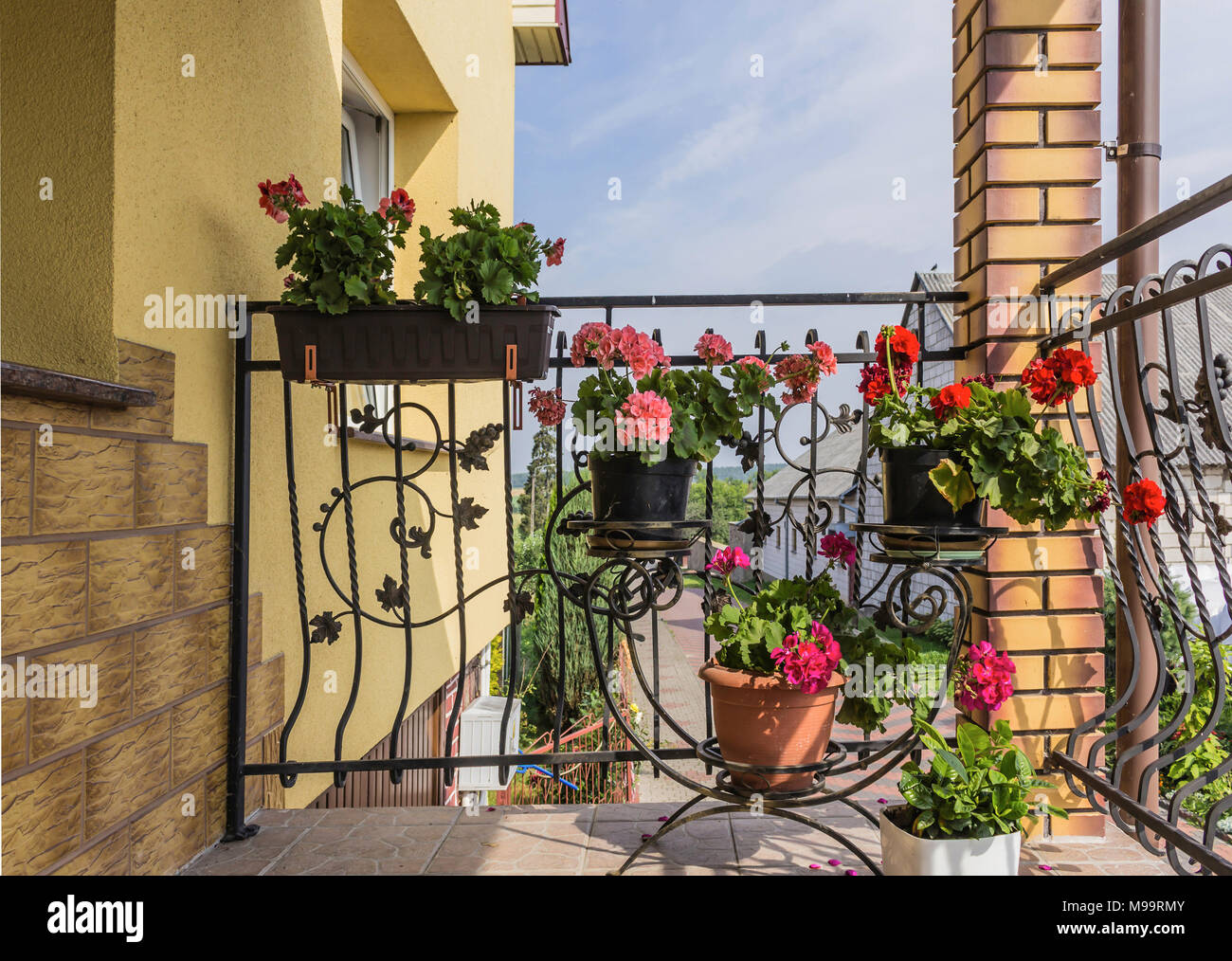 Pots de fleurs avec des fleurs accroché sur la grille en fer forgé de ...