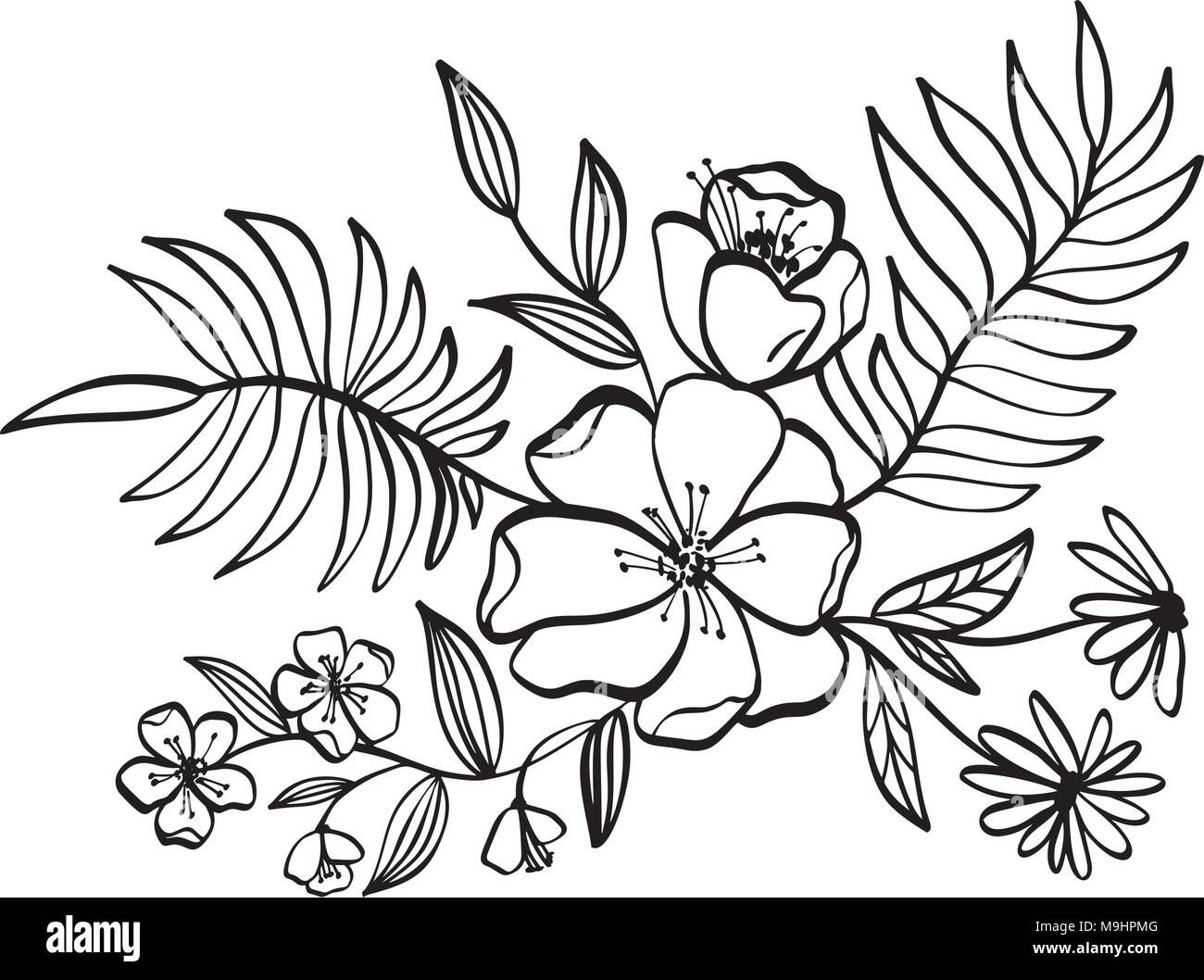 Dessin de fleurs modernes et un dessin floral avec line-art isolé sur ...