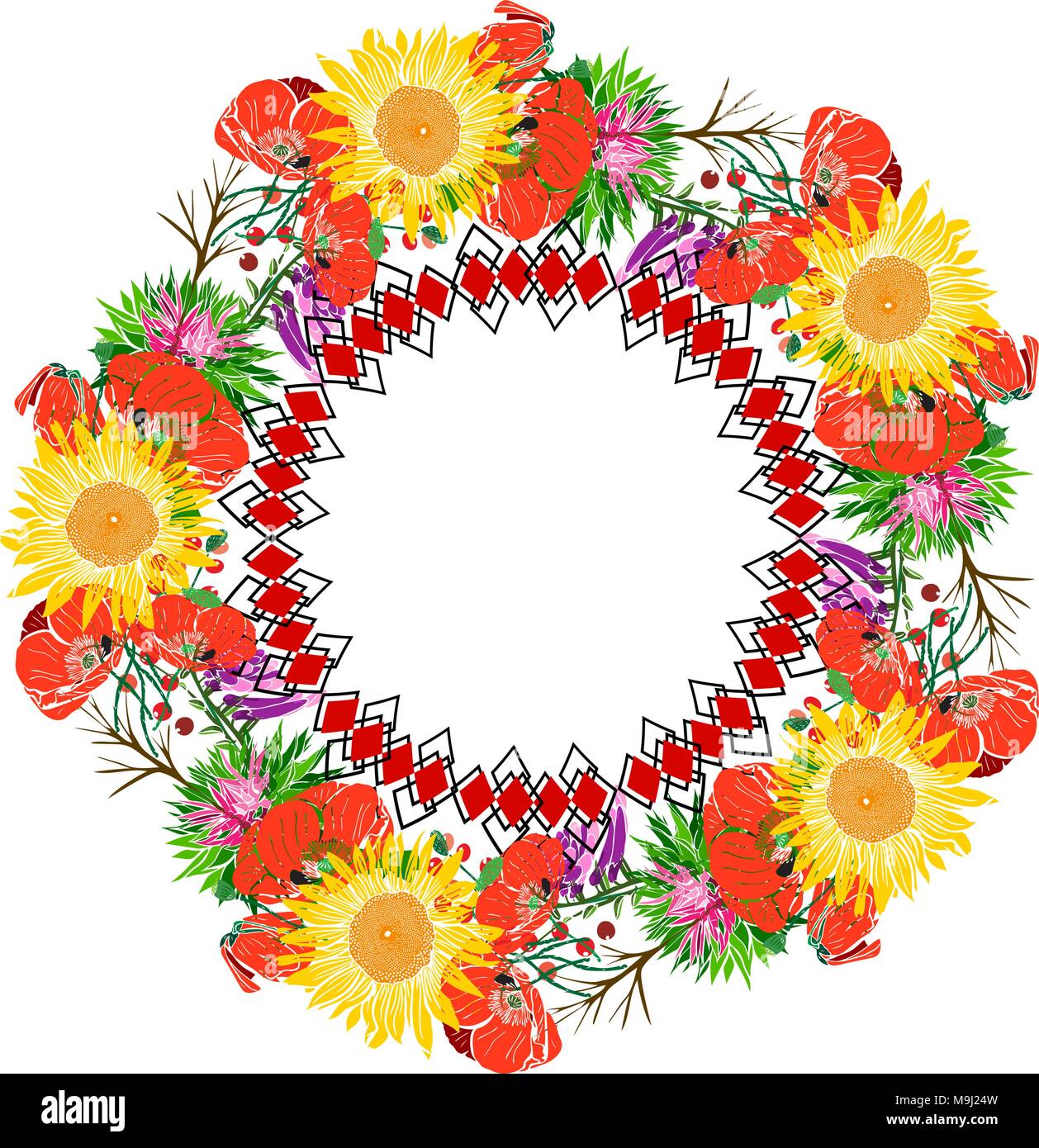 Guirlande de fleurs rouges et de tournesols et coquelicots fleurs ...