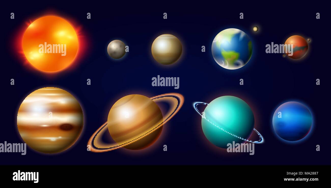 Planètes du système solaire. La lune et le Soleil, Mercure et la Terre ...