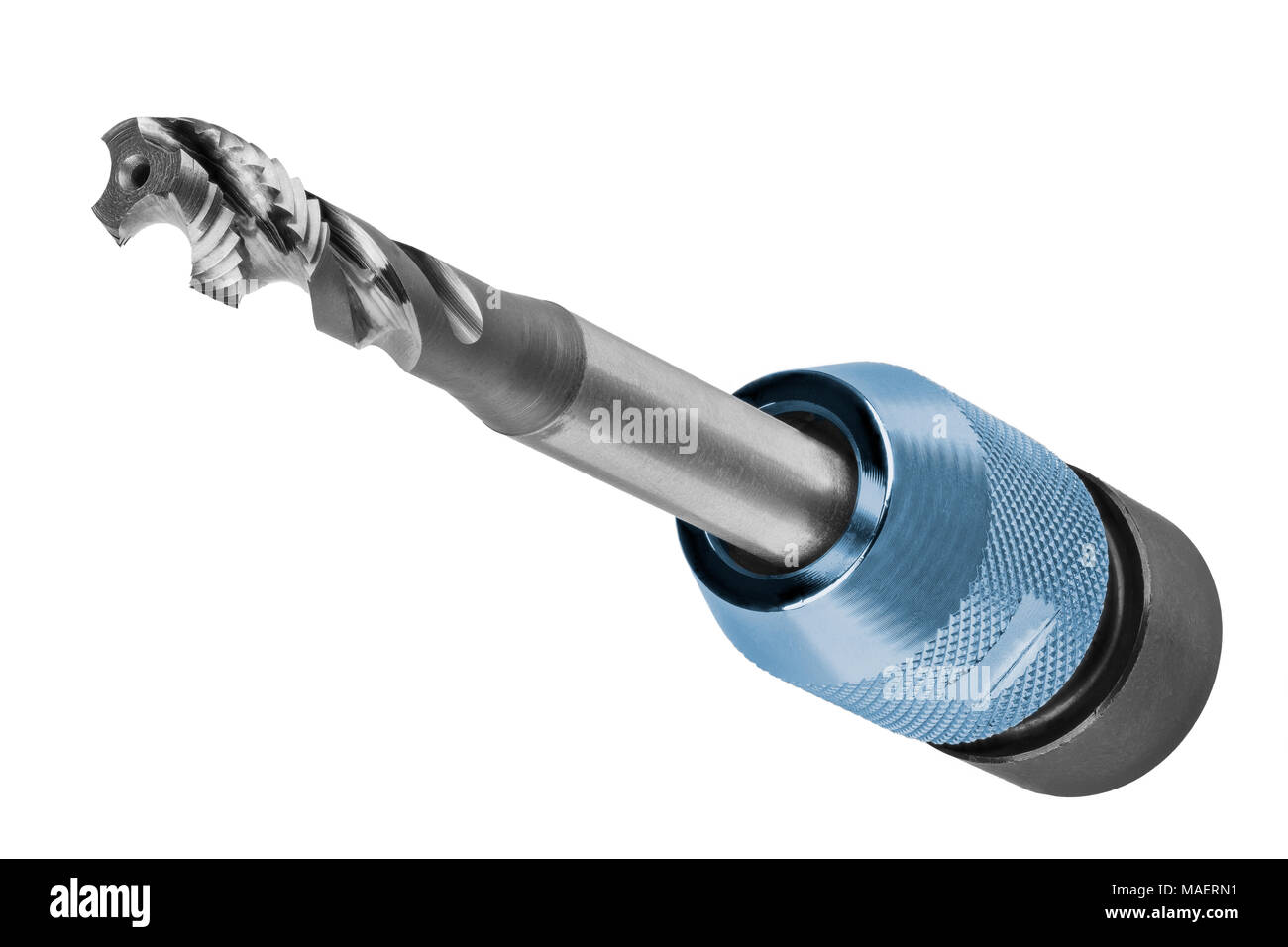 Touchez hélicoïdal serré dans chuck. Isolé sur fond blanc. Close-up de ...