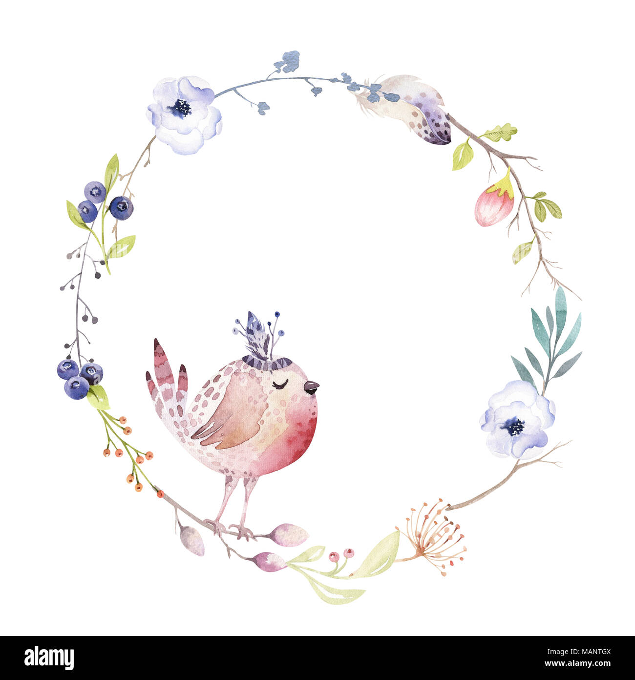Couronne de fleurs boho aquarelle. Cadre naturel de Bohême : feuilles, plumes, fleurs, isolé sur ...
