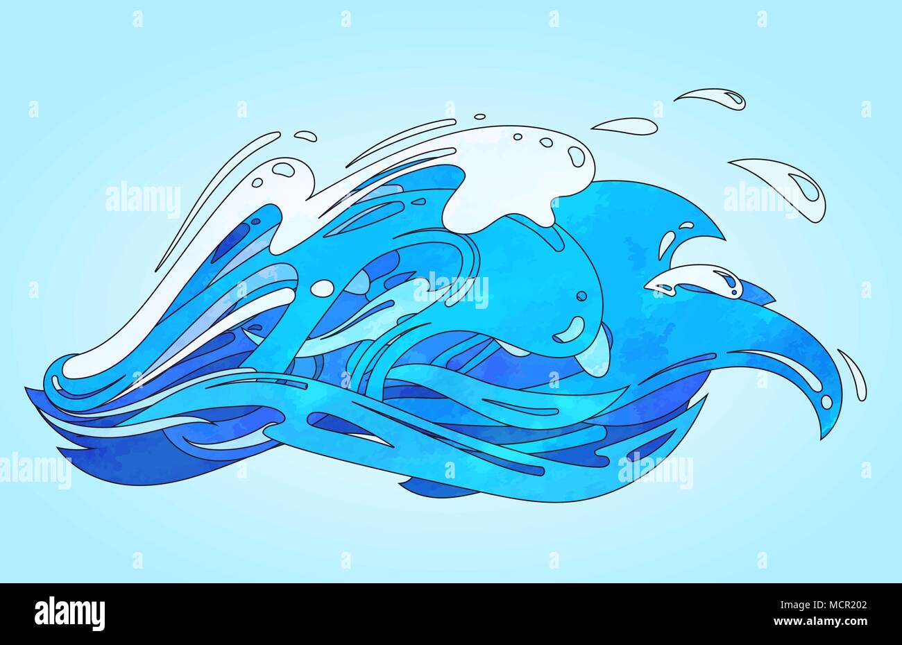 Caricature stylisée, les vagues de l'océan avec une chute et des ...