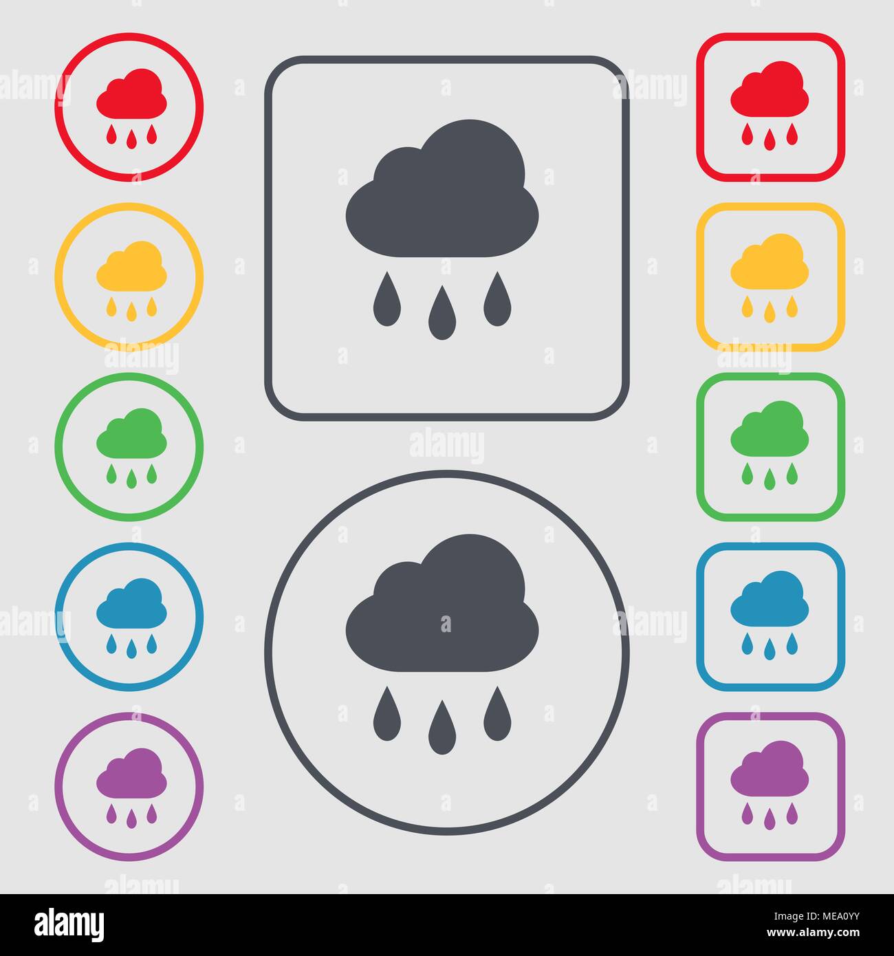 L'icône de pluie météo signe. symbole sur le boutons ronds et carrés ...