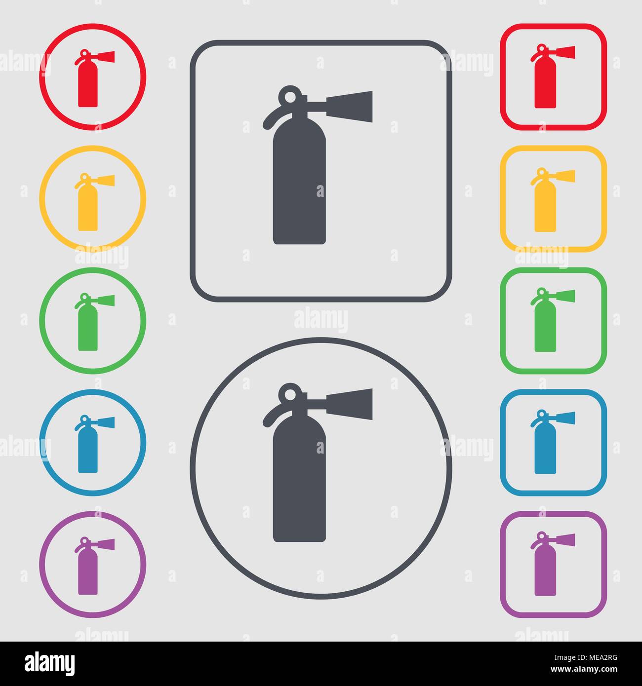 L'icône de l'extincteur. signe symbole sur le boutons ronds et carrés ...